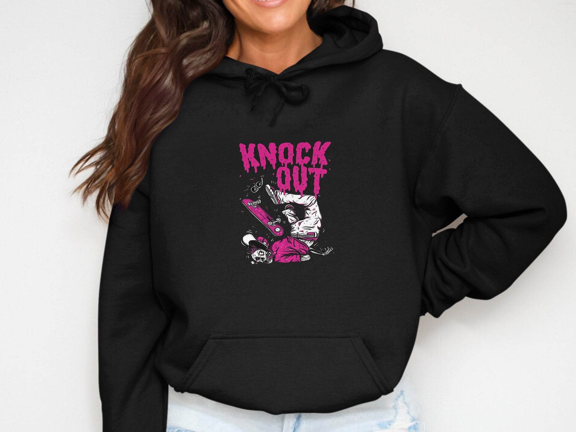 Knock Out Skateboarding Skeleton Illustration Art Hoodie - Design Vybe